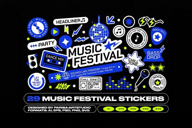 29 Music Festival Stickers & Elements
