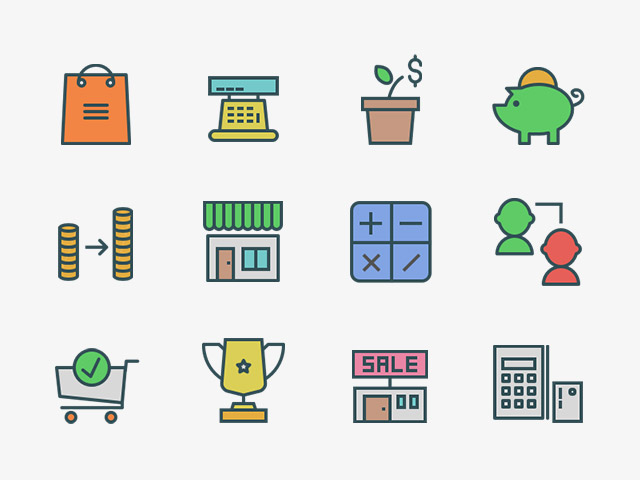 Free marketing icon set: colorful free vector set in SVG, PNG, EPS