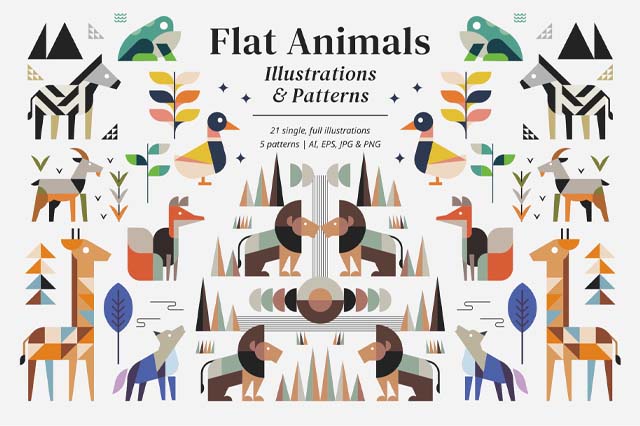 Flat Animals: Illustrations & Patterns