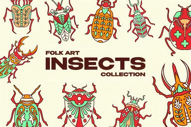 Folk Art Insect Vector Illustrations
